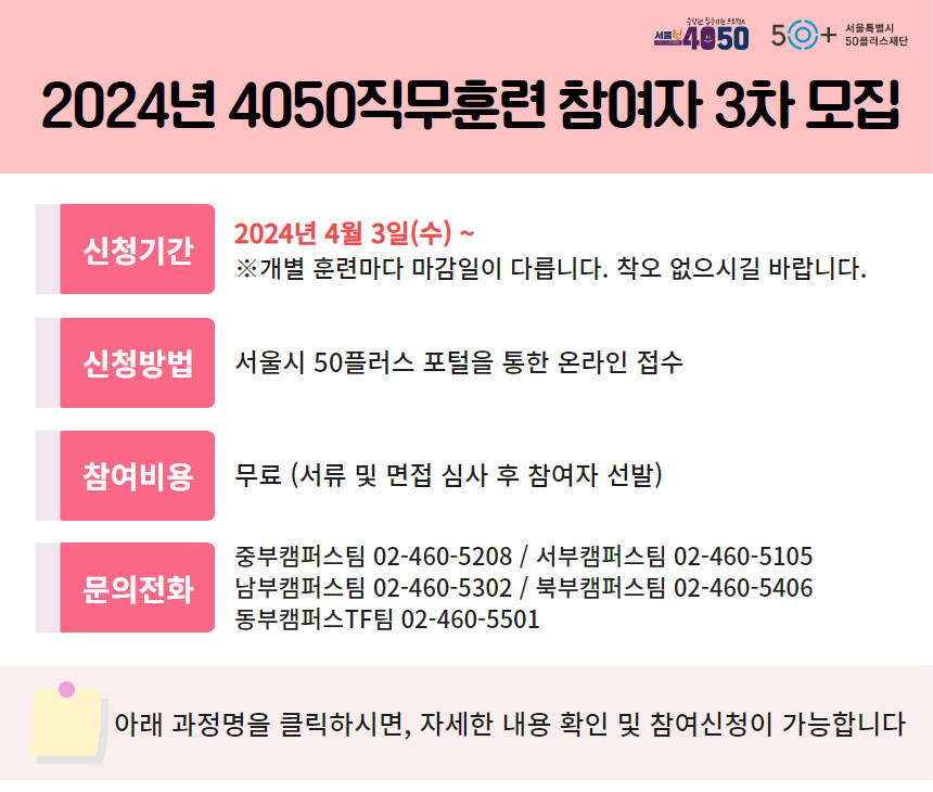서울시 50플러스포털 | [중부][모집] 교육부터 취업까지 원스톱으로! 4050 직무훈련 참여자 모집 (공동 3차)